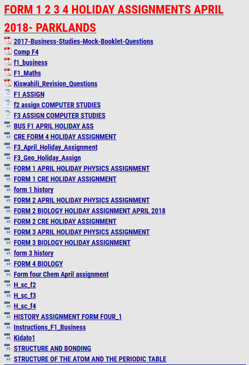 FORM 1 2 3 4 HOLIDAY ASSIGNMENTS APRIL 2018- PARKLANDS – KCSE ONLINE