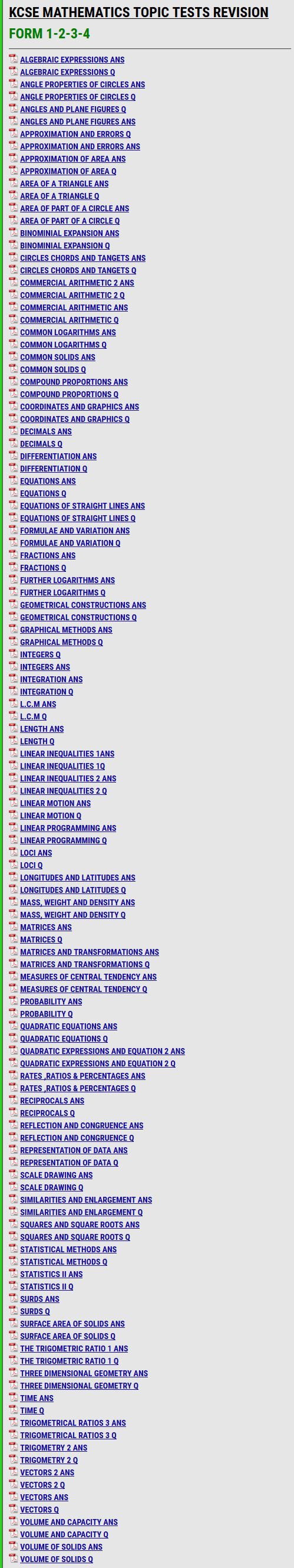 KCSE MATHEMATICS TOPIC TESTS REVISION – KCSE ONLINE