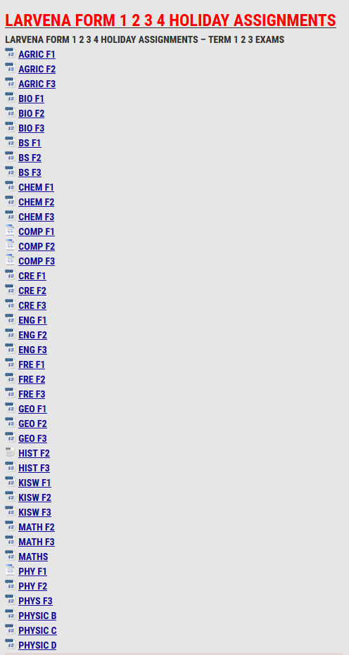 LARVENA FORM 1 2 3 4 HOLIDAY ASSIGNMENTS | KCSE ONLINE