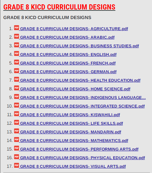 GRADE 8 KICD CURRICULUM DESIGNS – KCSE ONLINE GRADE 8 KICD CURRICULUM DESIGNS – KCSE ONLINE